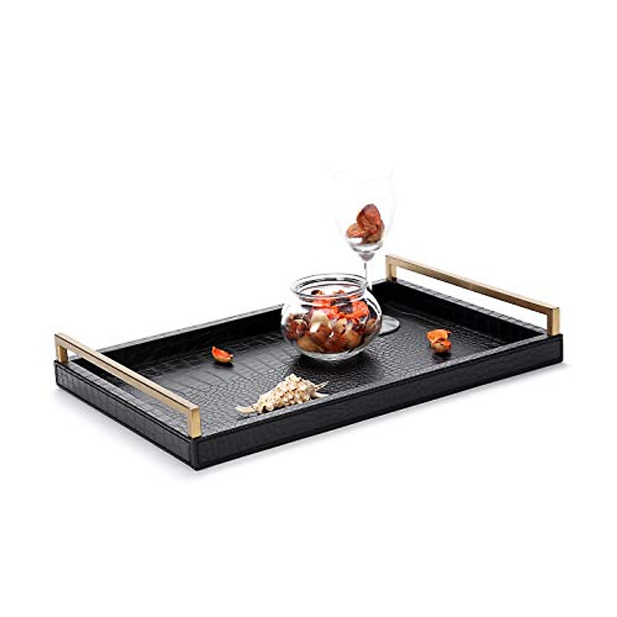 WV Serving Tray Faux Black Crocodile Leather with Brushed Gold Stainless Steel Handle (Black and Gold)