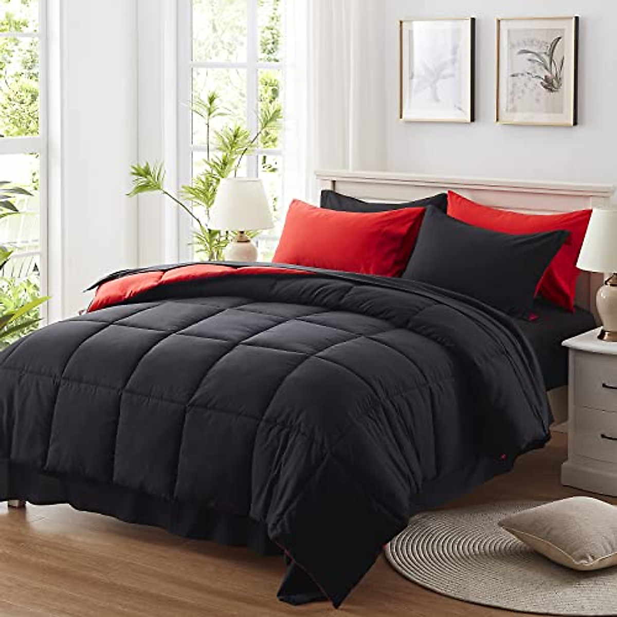 Anluoer Queen Size Bed in a Bag 7 Pieces, Black Bed Comforter Set with Comforter and Sheets, All Season Bedding Sets with 1 Comforter, 2 Pillow Shams, 2 Pillowcases, 1 Flat Sheet, 1 Fitted Sheet