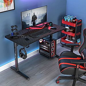 It's_Organized 47 inch Gaming Desk Racing Style Computer Desk with Free Mouse pad, T-Shaped Professional Gamer Game Station with USB Gaming Handle Rack, Cup Holder & Headphone Hook,Black
