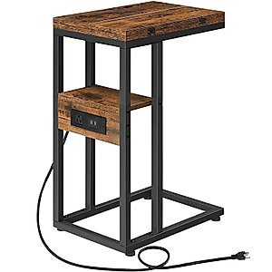 HOOBRO Foldable End Table, C Shaped Side Table with Charging Station, Sofa Couch Table That Slide Under for Living Room Bedroom Small Spaces, Easy Assembly, Rustic Brown and Black BF29USF01