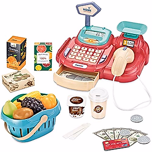 Hayden Ljsu Cash Register for Kids Pretend Play Supermarket Shop Toys with Scanner,Sounds,Calculator,Scale,Card Reader,Credit Card,Play Money and Grocery Toys for Boys Girls