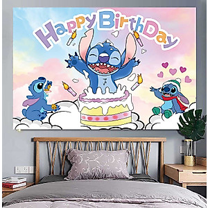 Stitc Birthday Decorations for Girls and Boys, Birthday Backdrop Party 60x40 Inch, Stylish Stitc Birthday Party Supplies Banner Background (Cute1, 3 * 5FT)