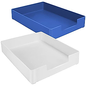 izBuy Letter-Size Tray Desk Letter Tray Paper Tray - Single-Tier (2-Pcs) Stackable Desktop Organizer Front-Load Documents Tray for Office Supplies File, Plastic Letter Tray (White & Blue)