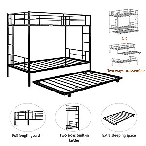 Metal Bunk Bed with Trundle Twin Over Twin Modern Bunk Beds with Slats Heavy Duty Bunkbed Frame for Adults,Teens,Boys and Girls. (Black)