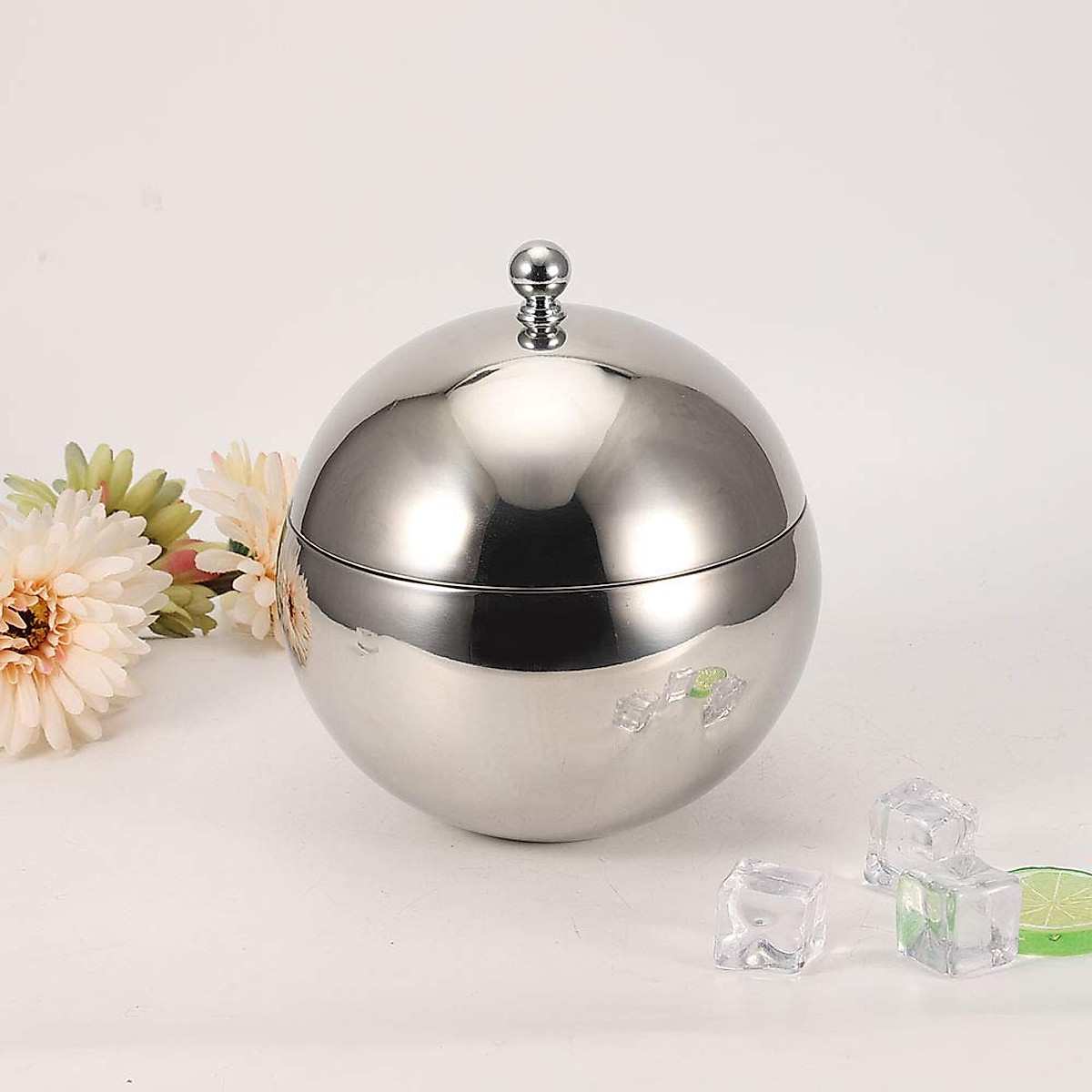Ice Bucket Stainless Steel Spherical Double-layer Ice Bucket Stainless Steel Double Wall Insulation Ice Bucket Container Wine Champagne Barrel with Cover for Wedding Parties
