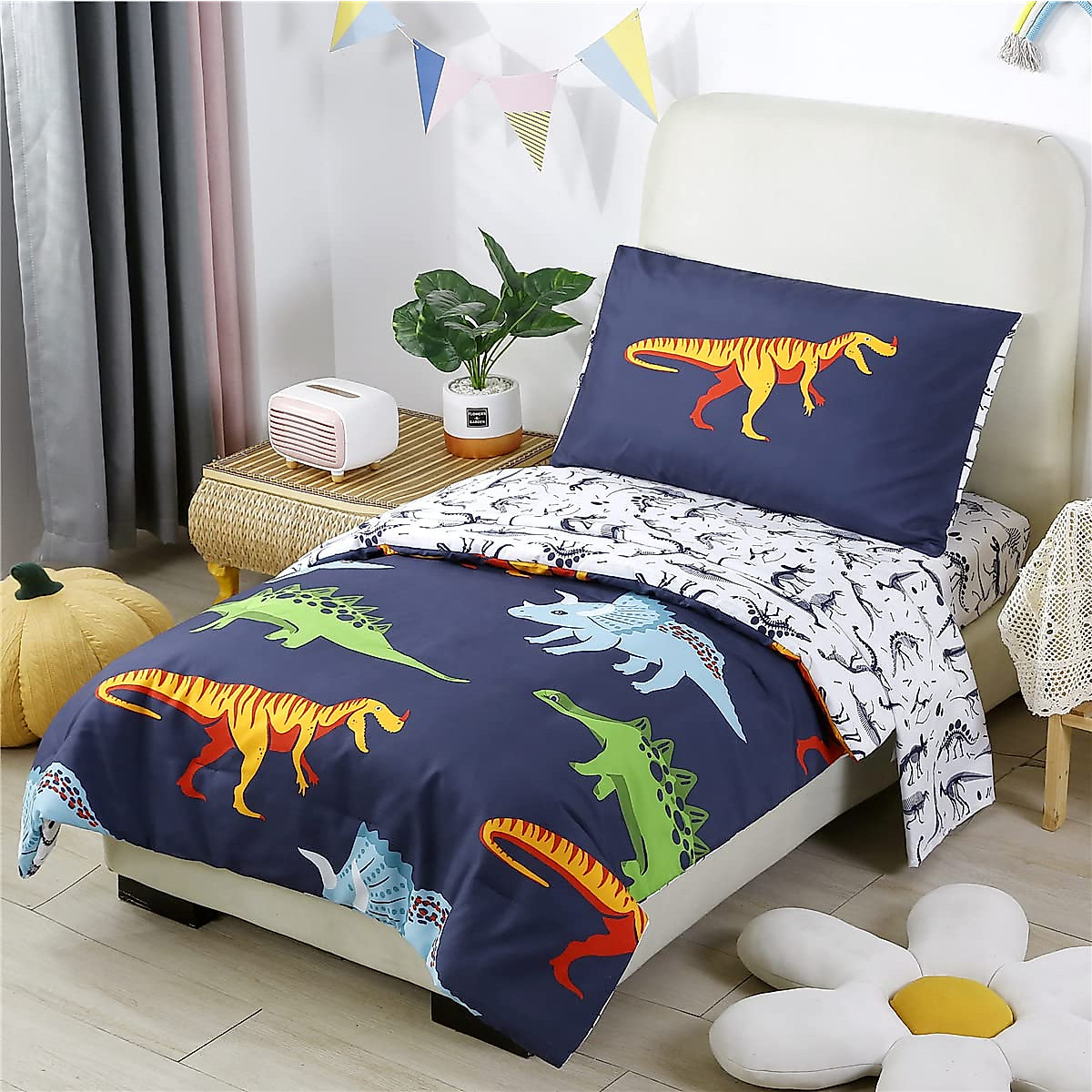 URBONUR 4-Piece Toddler Bedding Set - Ultra Soft Cartoon Jurassic Dinosaur Print Boys Toddler Comforter Set - Include Comforter, Flat Sheet, Fitted Sheet and Reversible Pillowcase, Navy Dinosaur