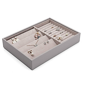 Vlando Jewelry Tray - Faux Leather Glass-top Jewelry Storage Organizer - Earring Necklace Bracelet Ring Display Desktop Drawer Chest, 4-Layer w/Clear Lid, Grey