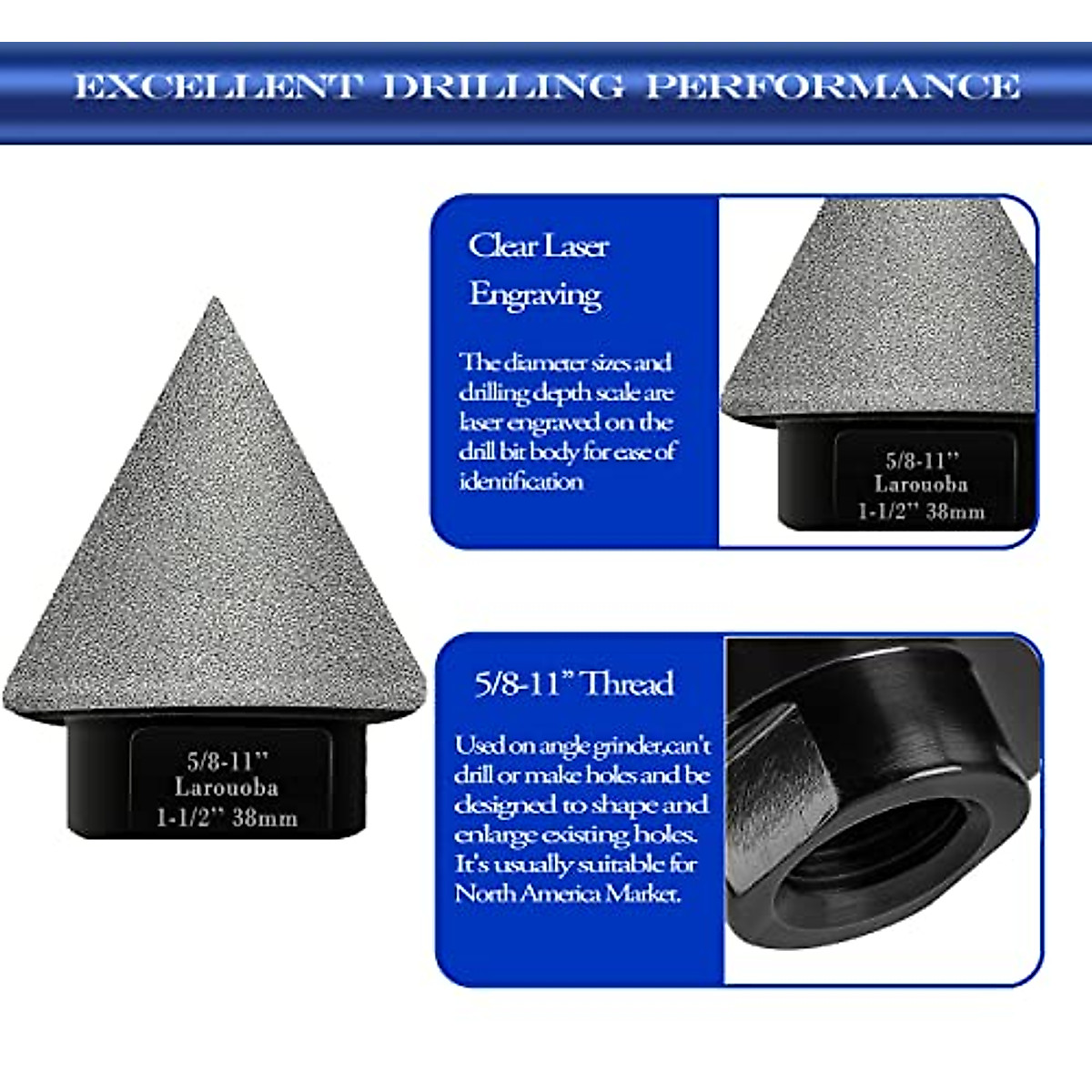 Larouoba 50mm 2" Dry Diamond Beveling Chamfer Bit, Countersink Drill Bit for Enlarging Trimming in Porcelain, Ceramic Tiles Hole 5/8"-11 Thread for Angle Grinders & SDS Adapter for Drills (Black).