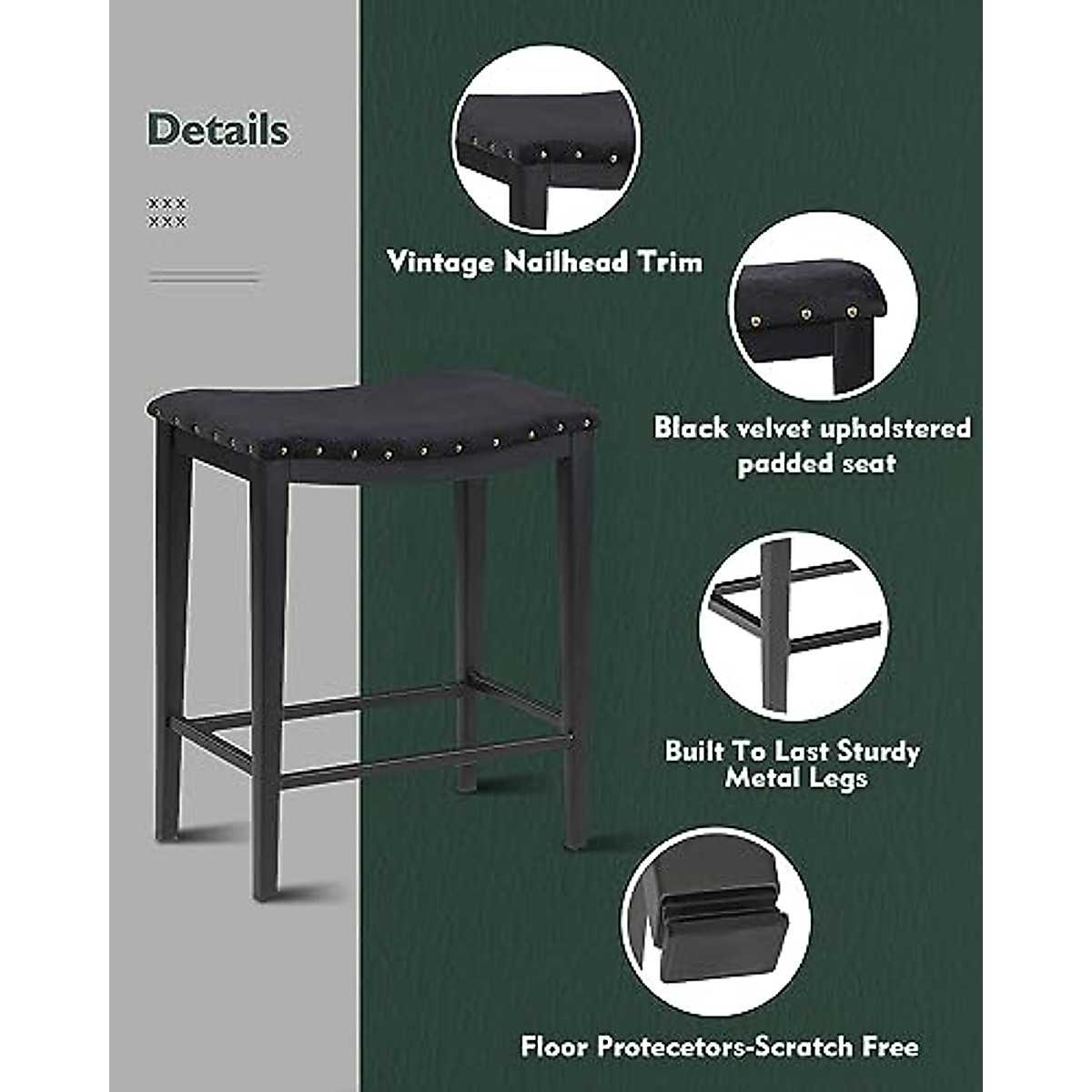 KATDANS Black Bar Stools Set of 2 Counter Height 24 Inches Backless Barstools for Kitchen Counter Modern Saddle Stools Velvet Nailhead Upholstered Stools, KS718PBK, 2Pcs