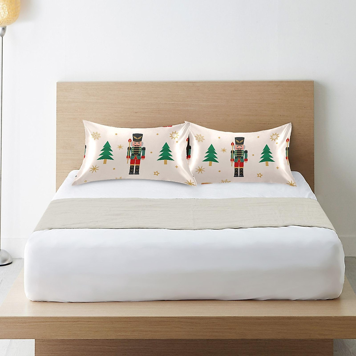 Christmas Tree Nutcracker Pillow Covers Silk Pillowcase for Soft Breathable Smooth Cooling Satin Pillowcase Standard Size Pillow Case for Women Hot Sleepers, Night Sweats Bed (20x26 Inch)