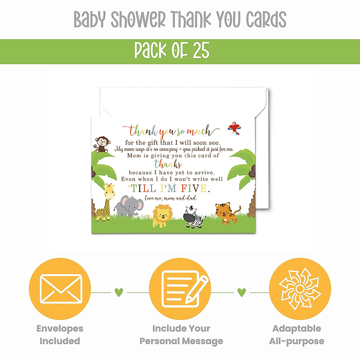 Paper Clever Party 25 Jungle Baby Thank You Cards Pack – Cute Baby Shower Notes with Envelopes, Prefilled Message, Customizable Blank Stationery, Gender Neutral, New Parents Gift Ideas