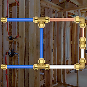 1/2/6/12 Pack Push Fit Plumbing Fittings, 1/2“ Valves/ 3/4" Valves, Elbows/Straights/Tees/End Caps with Disconnect Clip Tool, Brass Pushfit Fittings for Copper, PEX CPVC (3/4" Tee, 6pcs)
