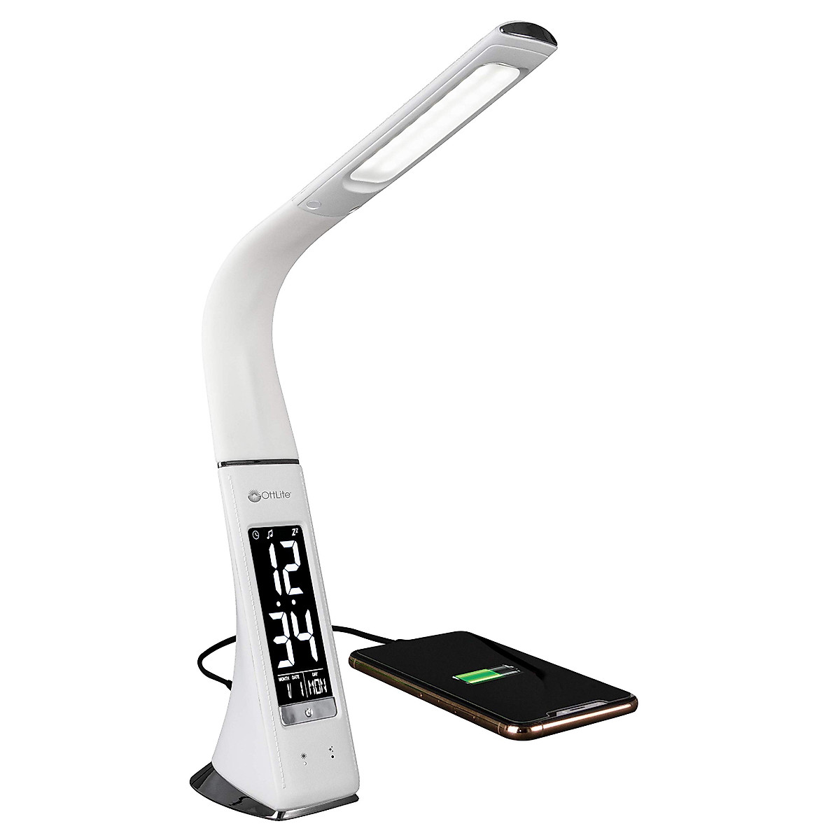 OttLite Thrive LED Sanitizing Desk Lamp with Clock and USB Charging - Eliminates up to 99.9% of Bacteria, Touch Activated, Flexible Neck, Modern Light for Reading, Crafting & Office Desktop