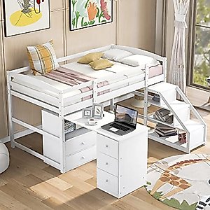 DEYOBED Twin Size Wooden Loft Bed Frame with Movable Desk and Storage Staircase - Elevate Sleep and Organization for Kids and Teens