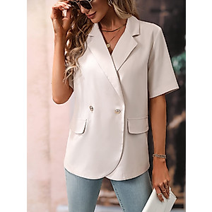 SweatyRocks Women's Casual Lapel Neck Pocket Blazer Short Sleeve Button Down Work Office Blazer Jacket Apricot L