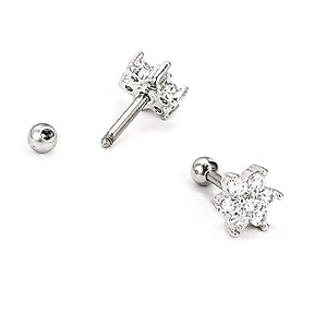 2PCS Stud Earrings 16G 316L Surgical Steel CZ Flower Cartilage Earrings Stud Piercing Helix Cartilage Conch Tragus Lobes Studs Hypoallergenic Earrings for Women (H:Silver CZ Flower)