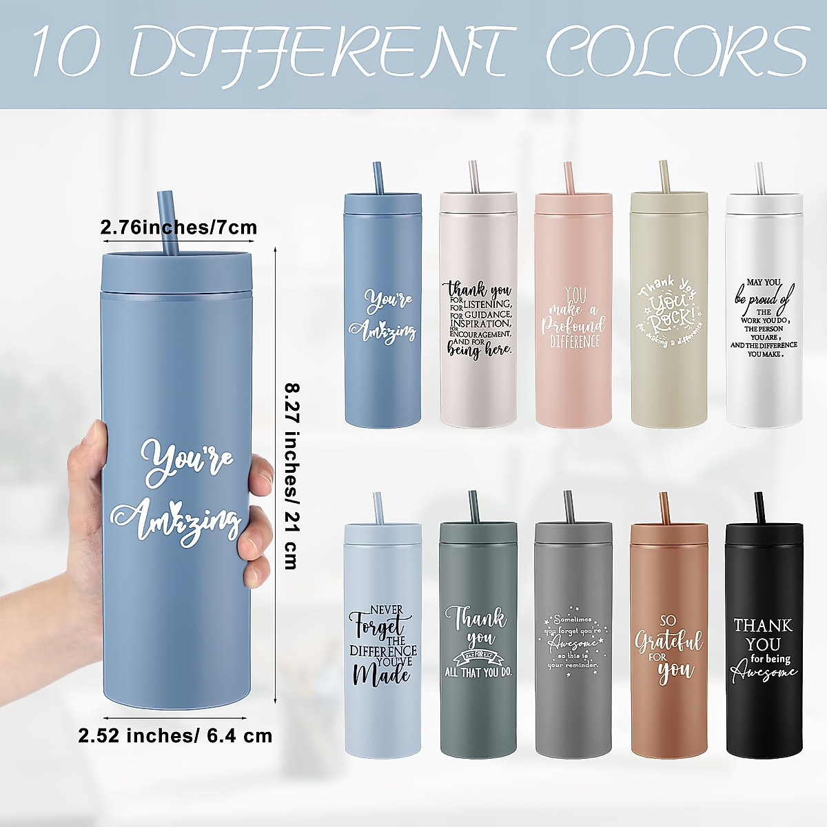 Rtteri 10 Pcs Thank You Cups Employee Appreciation Gifts 16oz Skinny Tumblers with Lids and Straws Plastic Tumblers for Team Coworker Teacher Staff Christmas Gifts(Neutral Color,Appreciation)