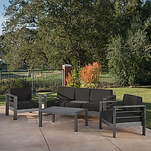 Christopher Knight Home Cape Coral Outdoor Grey Aluminum 4 Piece Sofa Conversation Set with Water Resistant Cushions, 76.25 "W x 27.5 "D x 24.6 "H, Gray + Dark Gray