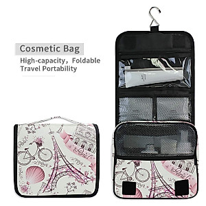 AUUXVA Hanging Toiletry Bag for Women, Paris Eiffel Tower Makeup Bag, Floral Flower Cosmetic Bag, Travel Essentials for Women Men