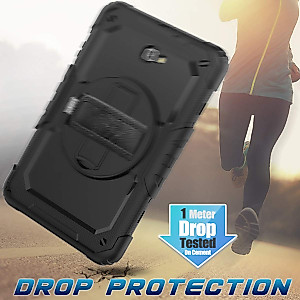 Timecity Case for Samsung Galaxy Tab A 10.1 inch 2016 Release, SM-T580 T585 T587 Case, Heavy Duty Protection Case with Screen Protector, Stand, Hand Strap and Shoulder Strap Stylus Holder - Black