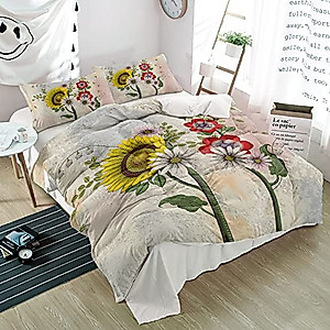 Abstract Blossom Floral Queen Duvet Covers Aesthetic Yellow Red Flowers 3-Piece Bedding Sets Luxury Soft Microfiber Bed Comforter Protector with Pillow Cases for Women Men Girl Boy Aesthetic