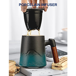 suyika Tea Cup with Infuser and Lid, 15.2 Ounce Wood Handle Ceramic Loose Leaf Tea Mug,Embossed Tea Steeping Mug for Gifts, Gradient Black&Green 450ml