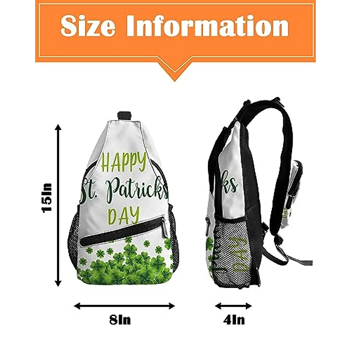Sling Backpack, St.Patrick's Day Shamrocks Green Waterproof Lightweight Small Sling Bag, Travel Chest Bag Crossbody Shoulder Bag Hiking Daypack for Women Men