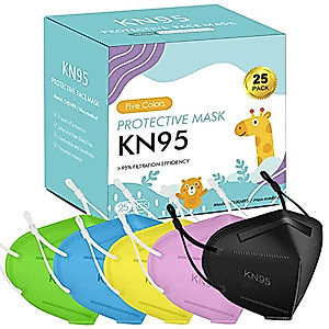 MOORAY Kids KN95 Face Mask 25 Pack,KN95 Mask for Kids 5 Layers Cup Dust Mask with Adjustable Ear Loop, Multicolored Disposable Face Masks Respirator Protection for Children