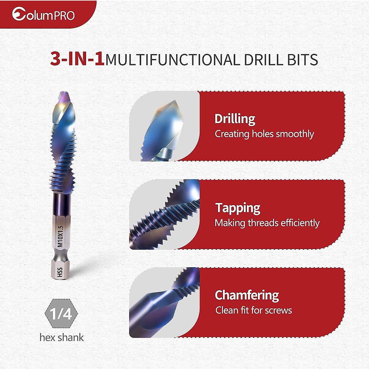 ColumPRO 12PCS Titanium Drill and Tap Combination Bits Set, 1/4” Hex Shank 3-in-1 Blue Coated Spiral Screw Tapping Multi-Function Bit for Drilling, Tapping and Countersinking (Metric&SAE)
