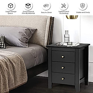 Giantex Nightstand with 3 Drawers Set of 2, Wooden Side Table w/Solid Wood Legs & Storage Cabinet, Bedside Accent Sofa Table for Bedroom Small Space, Black