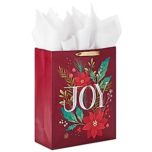 Hallmark 15" Extra Large Christmas Gift Bag with Tissue Paper (Dark Red with Poinsettia Flowers, "JOY") for Mom, Sister, Grandmother, Wife, Teacher, Boss