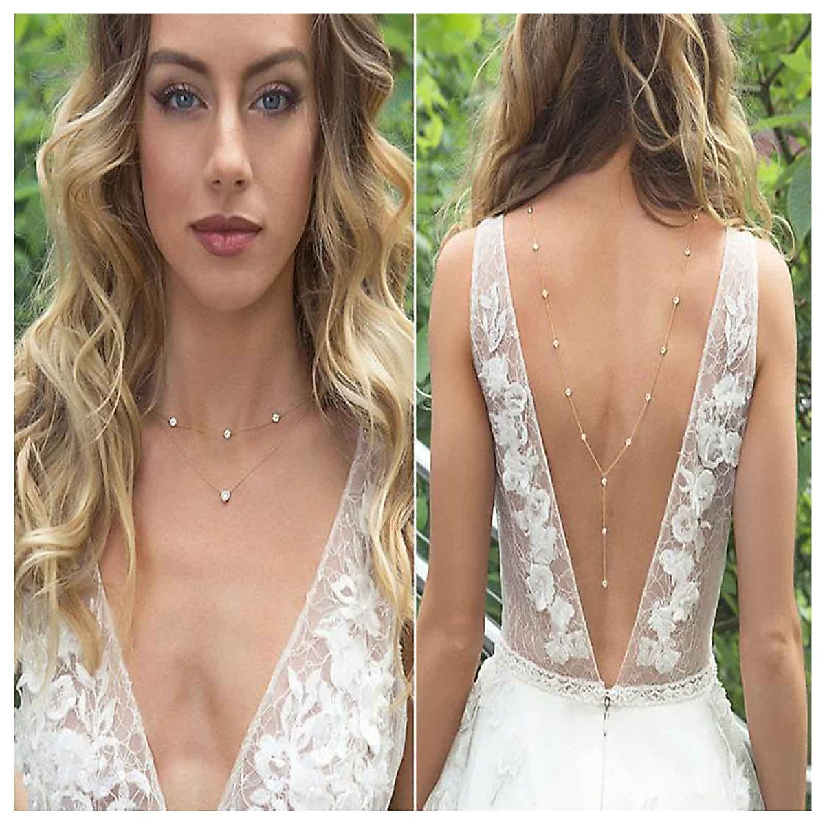 Andelaisi Boho Layered Rhinestone Back Necklaces Long Crystal Backdrop Necklaces Gold Cz Back Chain Necklace Vintage Crystal Body Chain Necklace Summer Body Jewelry for Women