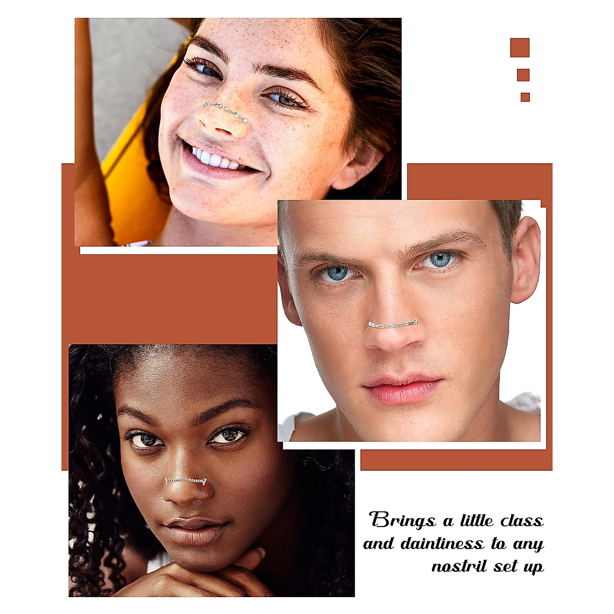 MTLEE Nose Ring Nose Chain Piercing Across Double Nose Stud Chain Jewelry CZ Heart Ball l Shaped Stainless Steel Nose Piercing Stud Nostril Jewelry for Women Men(Silver,1.5 Inch)