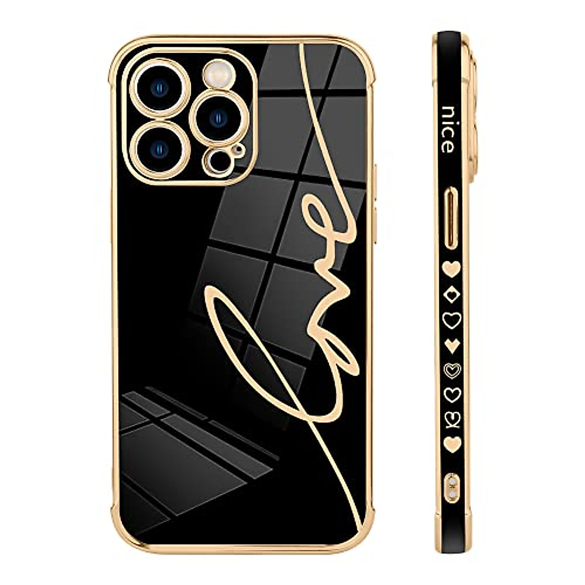 Bonoma Case Love Letter Graphic Plating Luxury Elegant Camera Protector Soft TPU Four Corner Cushion Back Cover Compatible with iPhone 14 Pro Max -Black
