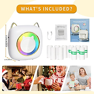 TXFTRR Mini Pocket Printer - Portable Thermal Printer with Light & 5 Colorful Pens, 5 Rolls Thermal Paper and 5 Rolls Adhesive Sticker Paper, Inkless Sticker Printer for Photo Journal Notes