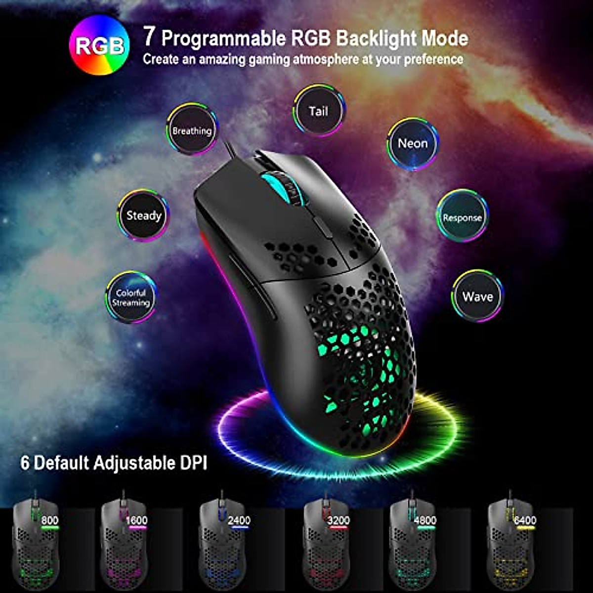 Ruiqas Optical Mouse 6 Buttons Macro Programmable Ergonomic Wired Gaming Mouse with RGB Light 6400DPI for Desktop PC Computer