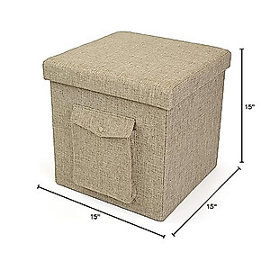 Humble Crew Folding Storage Ottoman Cube with Exterior Multi Purpose Pocket, Heathered Khaki