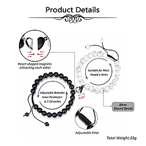 Top Plaza 2pcs Couples Bracelets Matching Heart Bracelets for Lover Healing Crystal Black Agate White Turquoise Bracelets for Couples Him & Her BF GF Valentine's Day Gifts