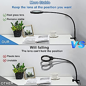 10X Magnifying Glass with Light, Real Glass Veemagni Desk Lamp with Clamp, 3 Color Modes Stepless Dimmable, Adjustable Gooseneck LED Lighted Magnifier with light and Stand for Crafts Repair Close Work