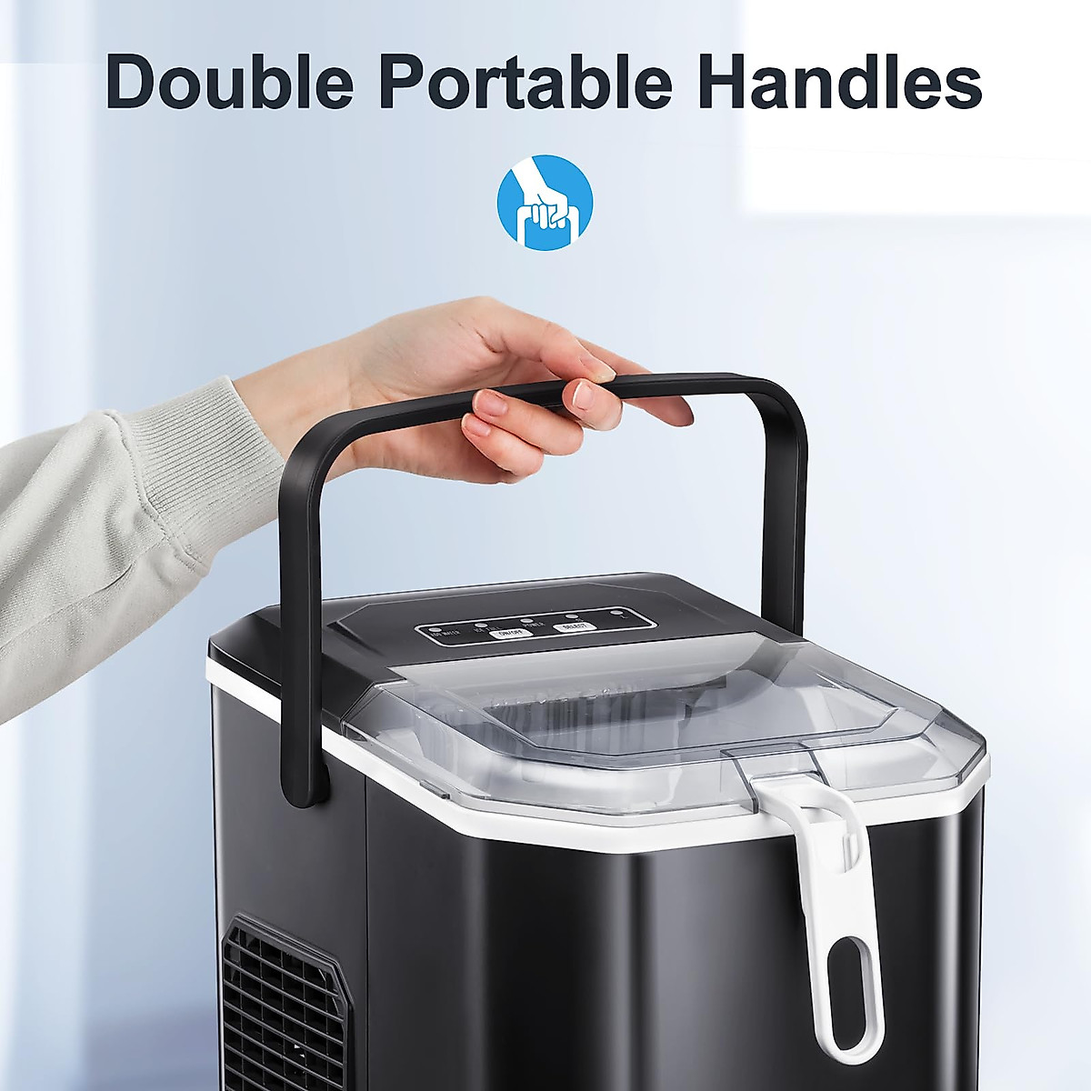 Ice Makers Countertop, 9 Cubes Ready in 6 Mins, Self-Cleaning Ice Machine with Detachable Double Handle and Anti-Hollowing Basket, 2 Size of Bullet Ice for Home Kitchen Office Bar Party, Black