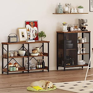 BON AUGURE 3 Tier Rustic Console Table with Shelves and Farmhouse Coffee Bar Cabinet, Wood and Metal Furniture Set for Living Room, Kitchen, Dining Room (Rustic Oak)