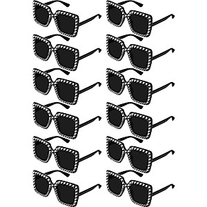 12 Pairs Crystal Oversized Sunglasses Rhinestone Square Diamond Sunglasses Frame Retro Sparkling Glasses for Women Men(Black)