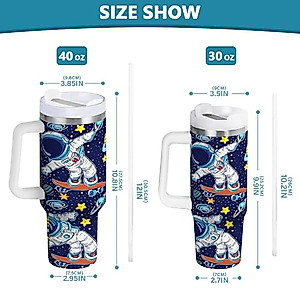 RPLIFE Cartoon Astronaut Skateboarding Blue 40 Oz Tumbler with Handle and Straw, Stainless Steel Tumbler with Straw, Coffee Tumbler for Women