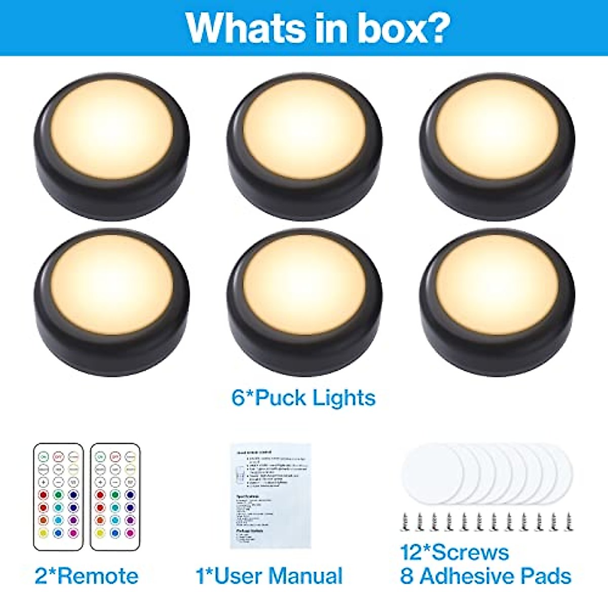 Cadrim Puck Lights, 6 Pack 13 Colors Changeable LED Puck lightings Battery Powered Dimmable Under Cabinet Lights, Battery Powered Under Counter Lights with 2 Wireless Remote Controls, Black