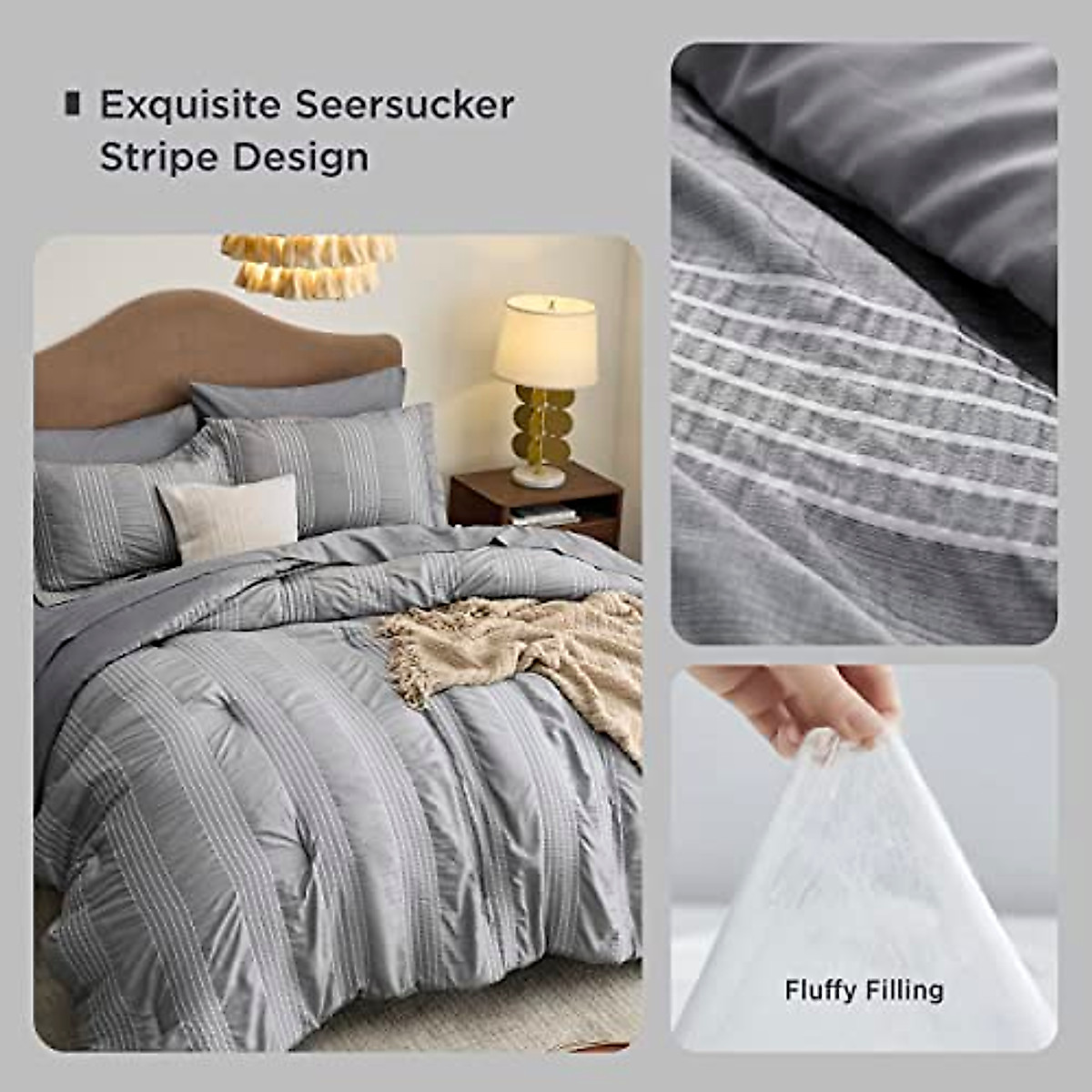 Bedsure Bed in a Bag Queen - Queen Comforter Set 7 Pieces Stripes Seersucker Bedding Set, Soft Lightweight Down Alternative Comforter, Queen Bed Set (Smoky Grey, Queen 88 x 88 Inch)