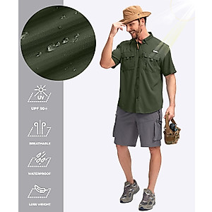 Pudolla Men's Fishing Shirts Short Sleeve Travel Work Shirts Summer Button Down Shirts for Men UPF50+ with Zipper Pockets(Olive, XX-Large)