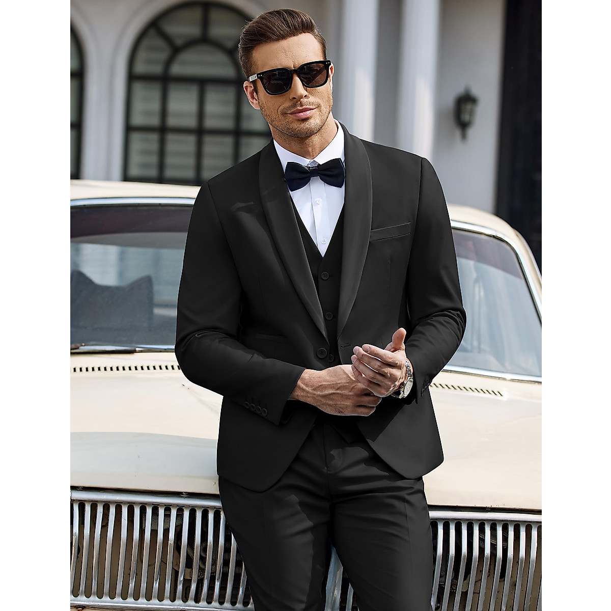 COOFANDY Mens Slim Fit 3 Piece One Button Business Wedding Prom Suits Blazer Tux Vest & Trousers Black X-Large