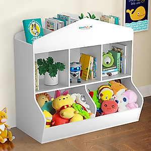 Doodlefurni Toy Organizers and Storage, Odor-Free Wood Kids Bookshelf, Toy Storage, Book Shelf Organizer for Kids, Suitable for Children's Rooms, Playrooms, Nursery, Paintable, Easy to Clean.