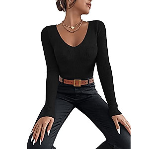 SweatyRocks Women's Casual Long Sleeve V Neck Top Solid Ribbed Knit Pullover Sweater Black S