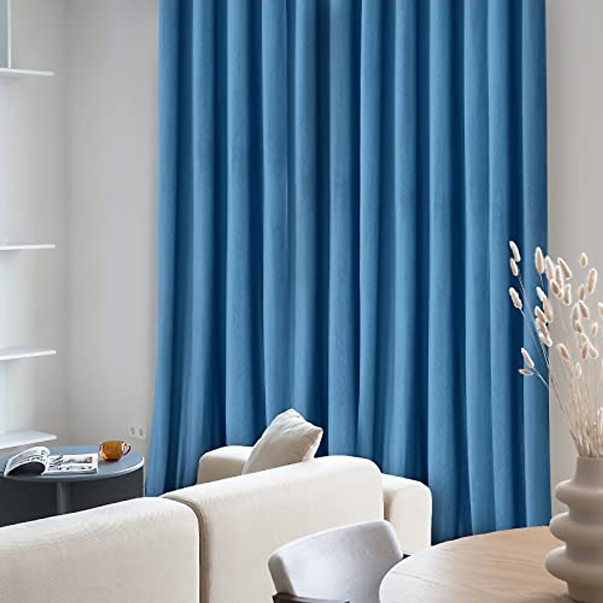 Melodieux Velvet Curtains for Bedroom- Thermal Insulated Room Darkening Soundproof Grommet Thick Geometry Embossed Window Drapes for Living Room, Blue, W52 x L63 inches, Set of 2
